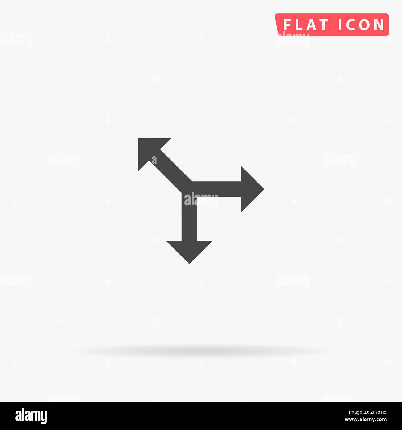 Three-way direction arrow. Simple flat black symbol with shadow on ...