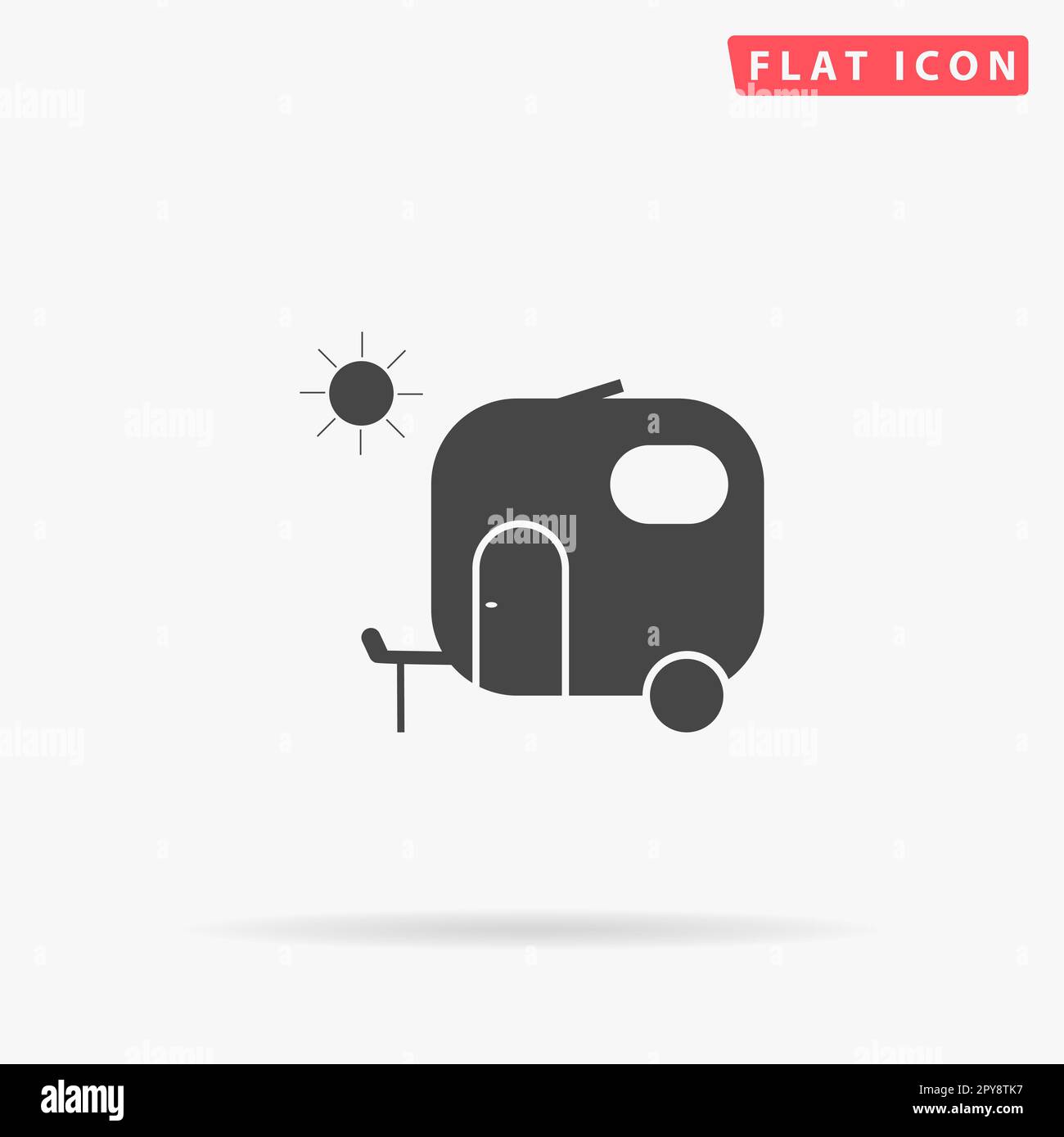 Travel trailer. Simple flat black symbol with shadow on white ...