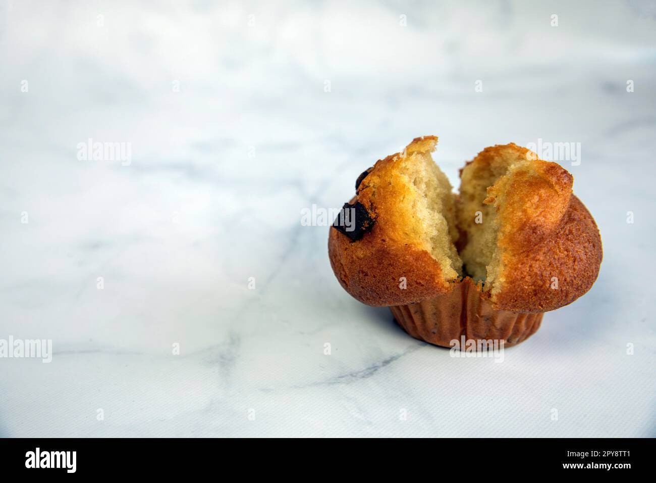 Fresh chocolate chip muffin broken in to two pieces on white background ...
