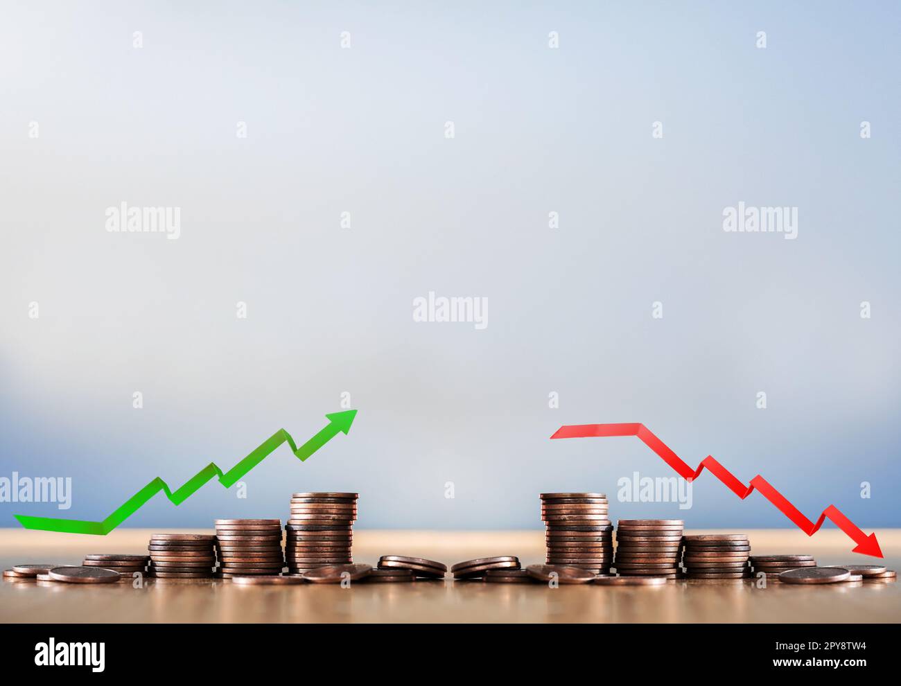 Stack coins and arrow red green graph chart volatility up and down on ...