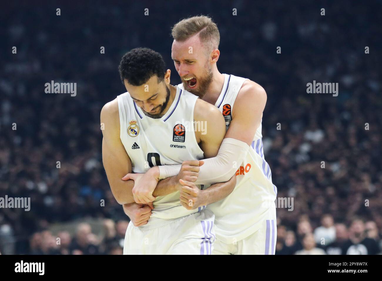 Belgrade, Serbia, 2 May 2023. Dzanan Musa of Real Madrid, Nigel ...