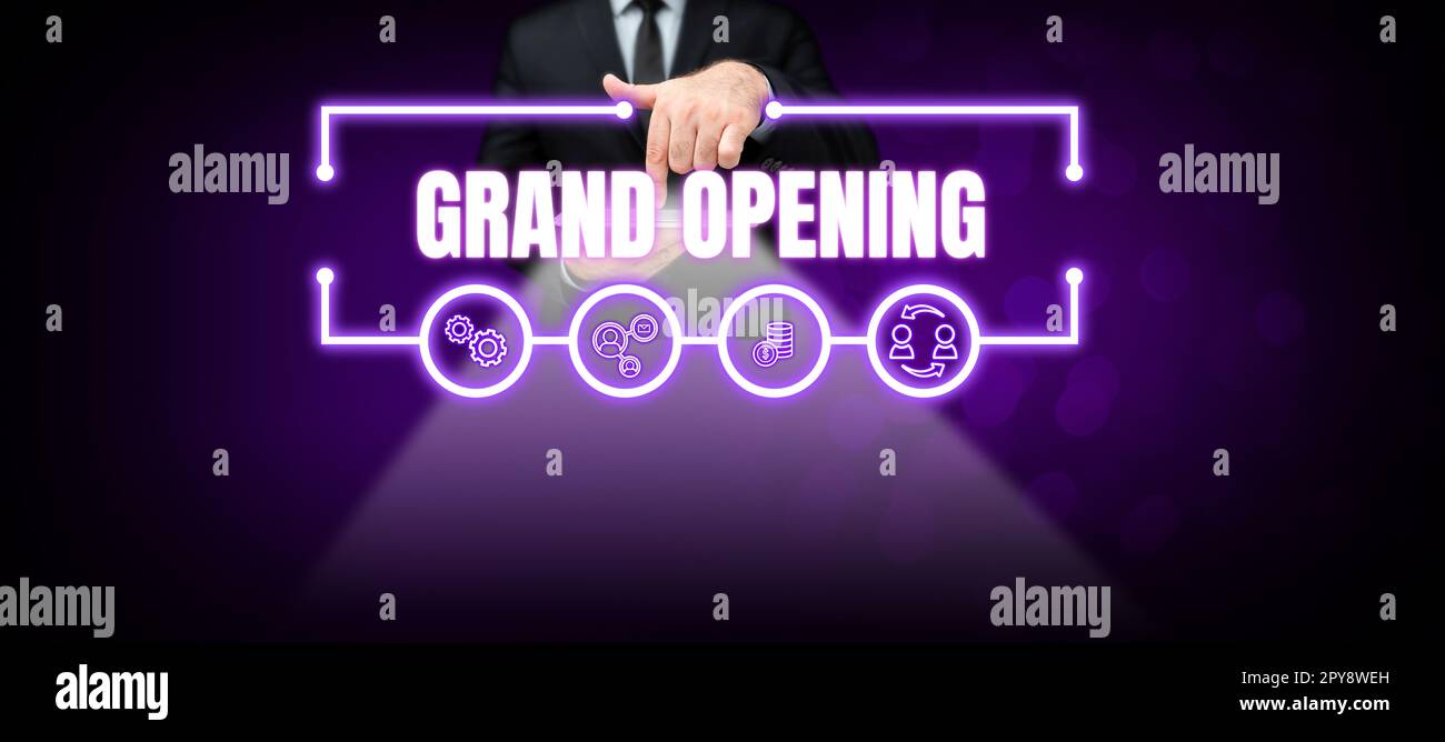 Text caption presenting Grand Opening. Word Written on Ribbon Cutting ...