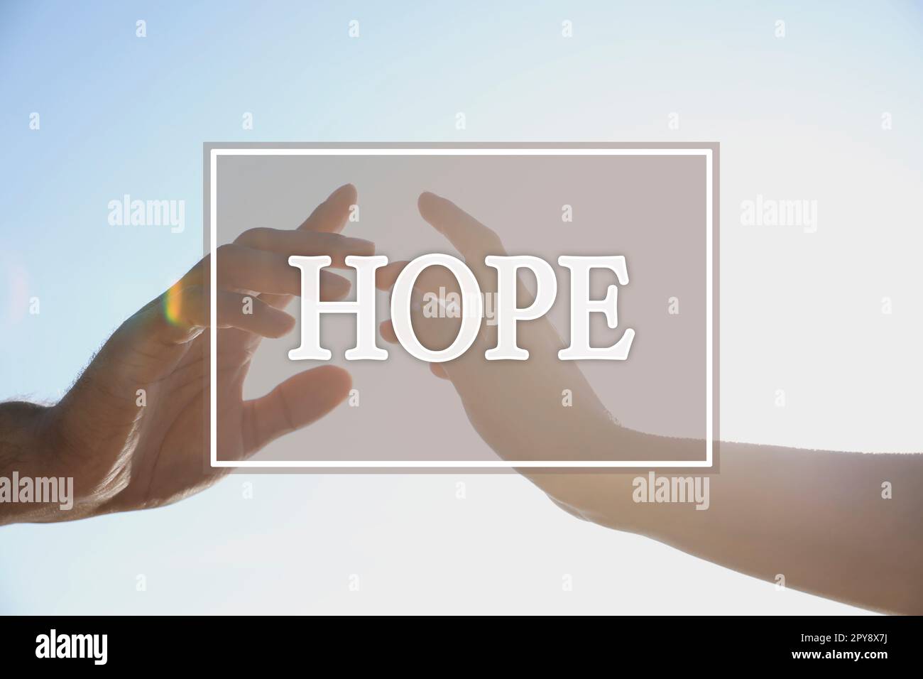 Concept of hope. Man and woman reaching hands to each other, closeup ...