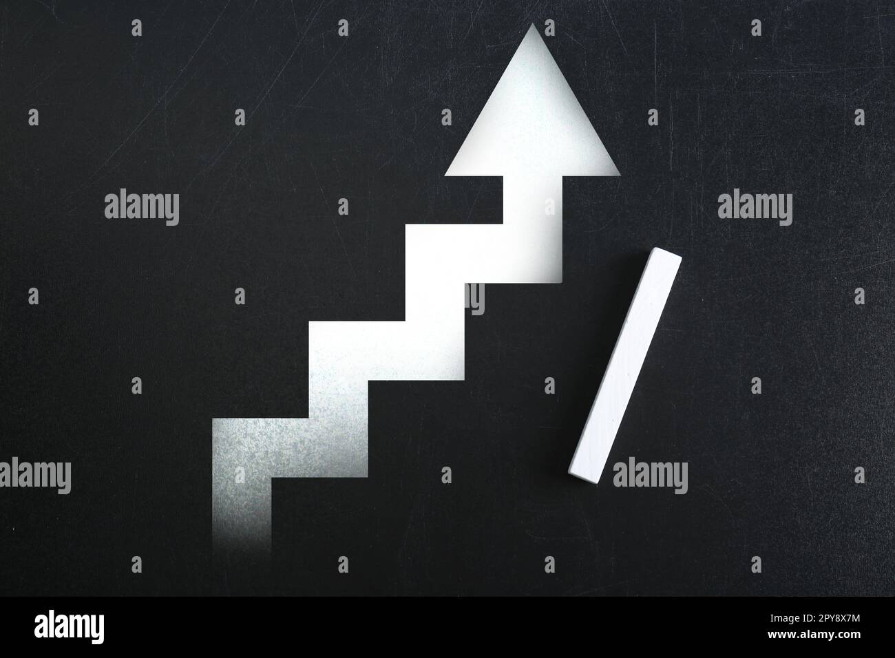 Stairs with up arrow drawn on chalkboard, top view. Steps to success ...