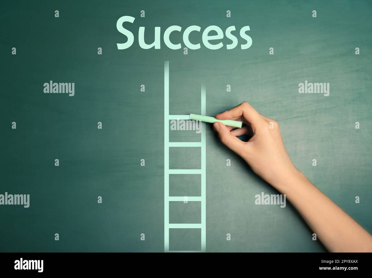 Woman drawing ladder on green chalkboard, closeup. Steps to success ...