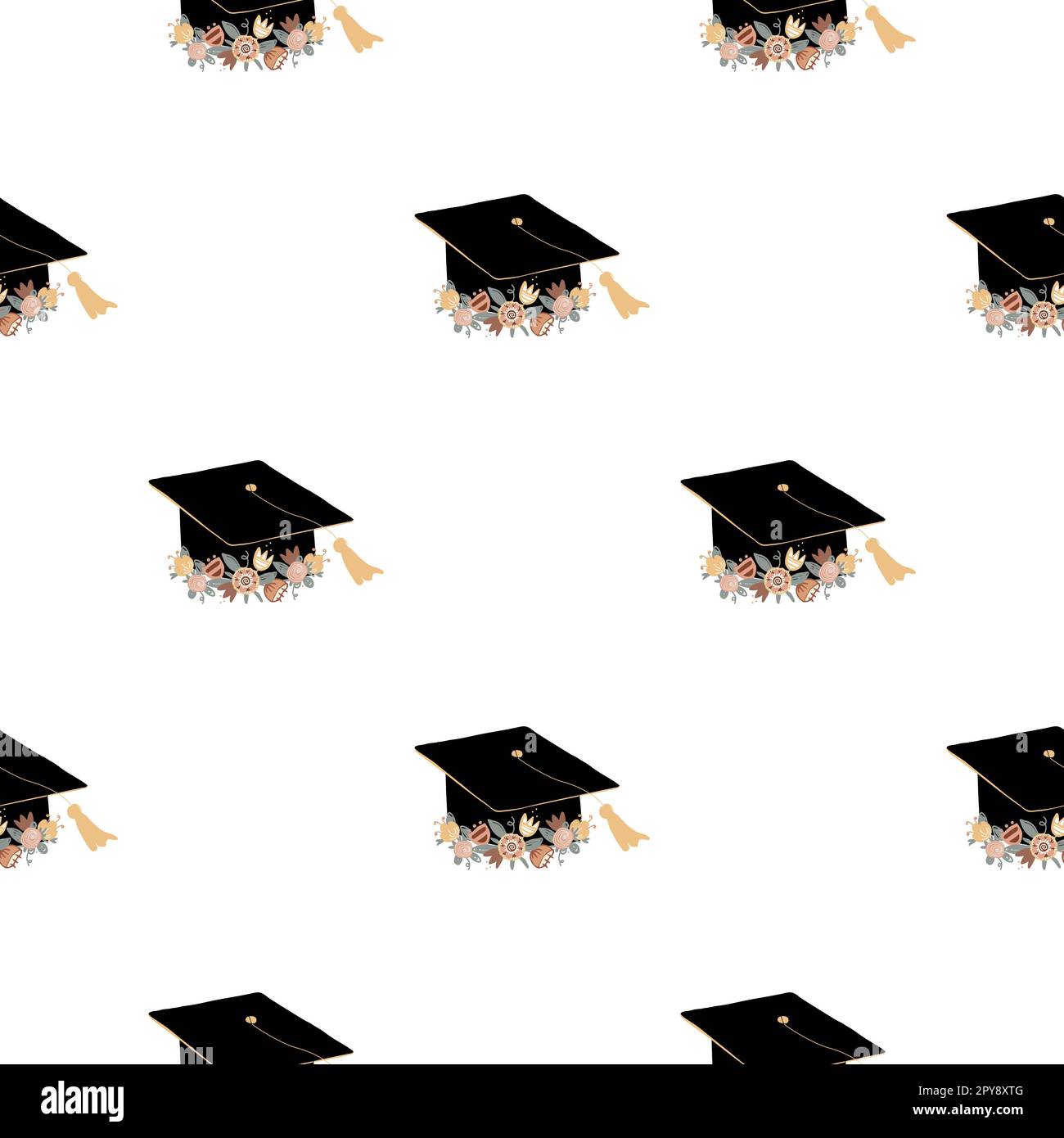 Cute graduation cap decorated with doodle flower wreath, seamless ...