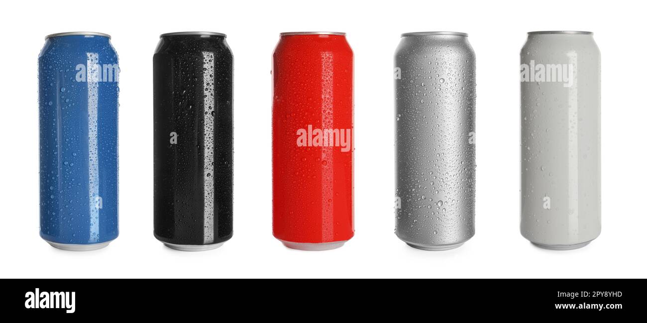Set with different colorful aluminium cans of beverage on white ...