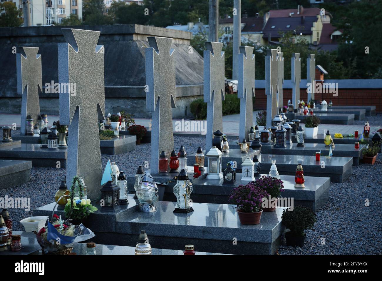 Many granite tombstones on cemetery. Funeral ceremony Stock Photo - Alamy