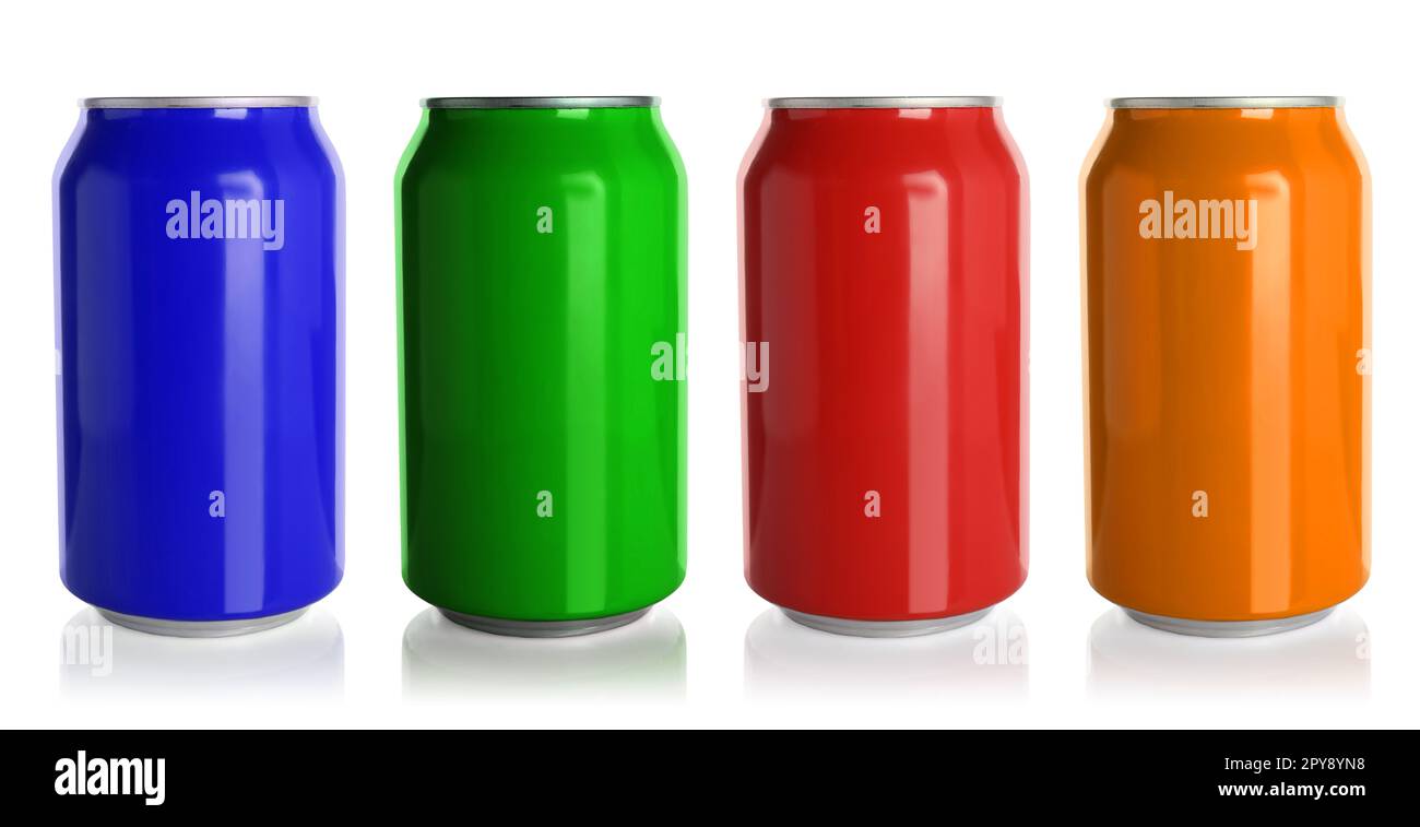 Set with different colorful aluminium cans of beverage on white ...