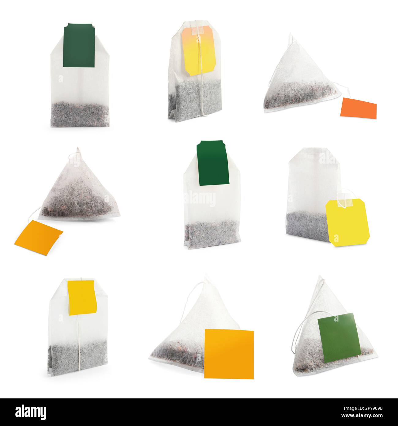 Set with different tea bags on white background Stock Photo - Alamy