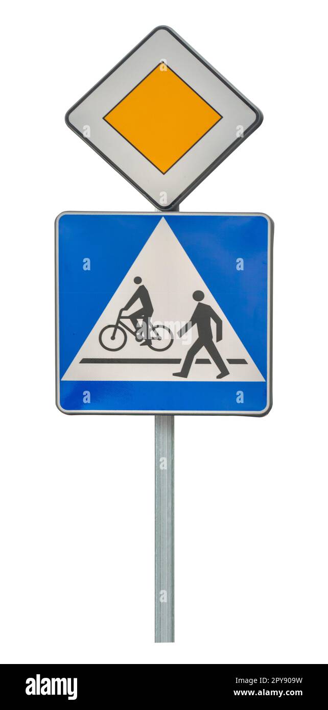 Post with Priority Road and Pedestrian signs isolated on white Stock ...