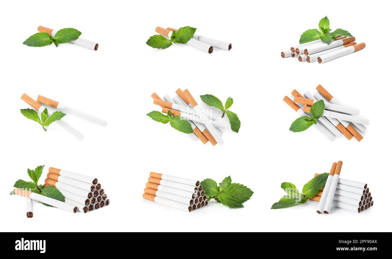 Set with menthol cigarettes and fresh mint leaves on white background ...