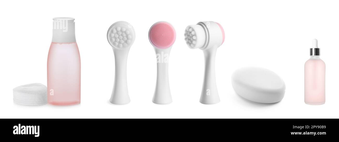 Set with cosmetic products and tools for cleansing on white background ...
