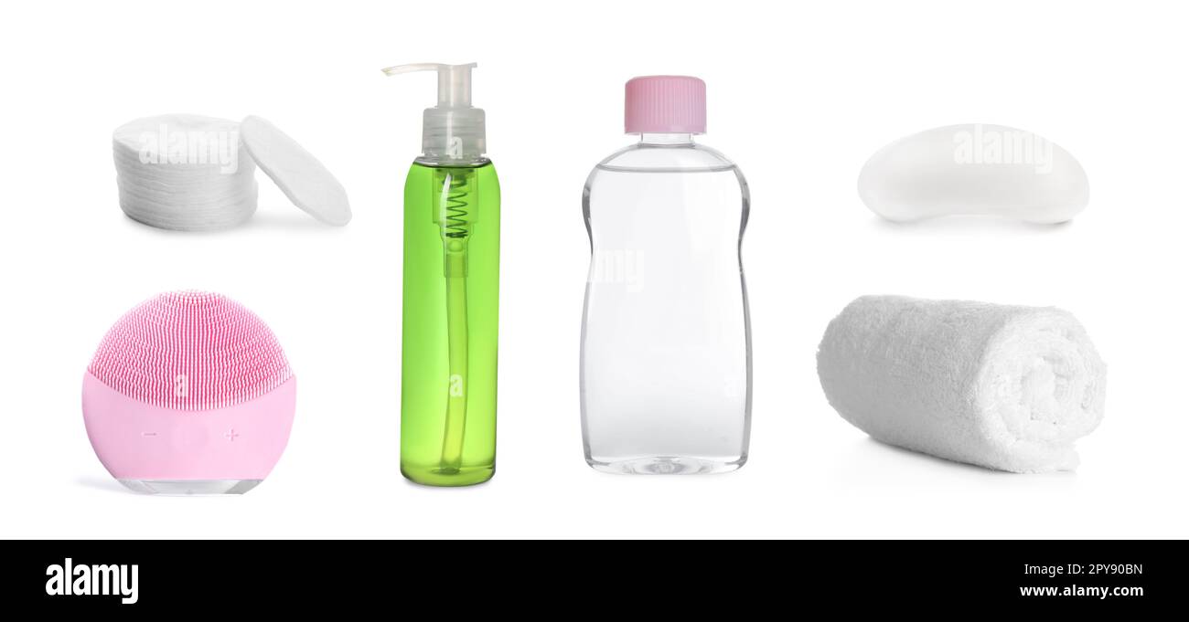 Set with cosmetic products and tools for cleansing on white background ...