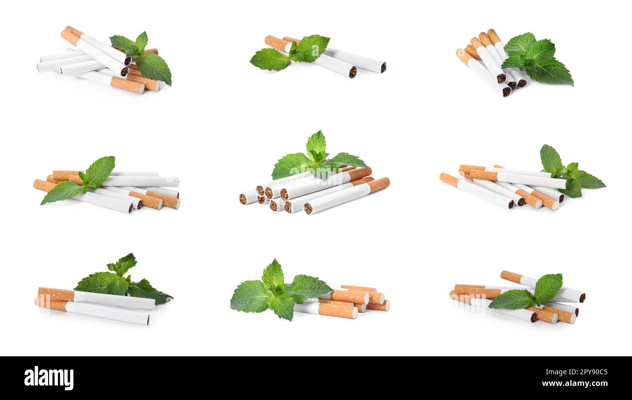 Set with menthol cigarettes and fresh mint leaves on white background ...