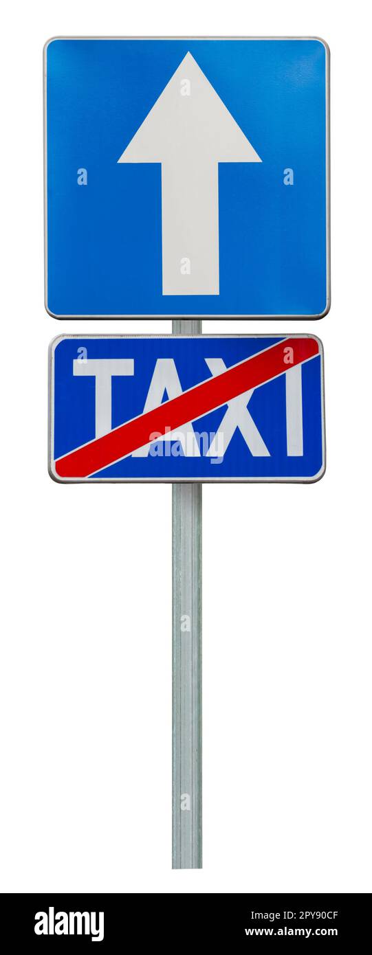 Traffic signs One Way Road and End Of Taxi Stand isolated on white ...
