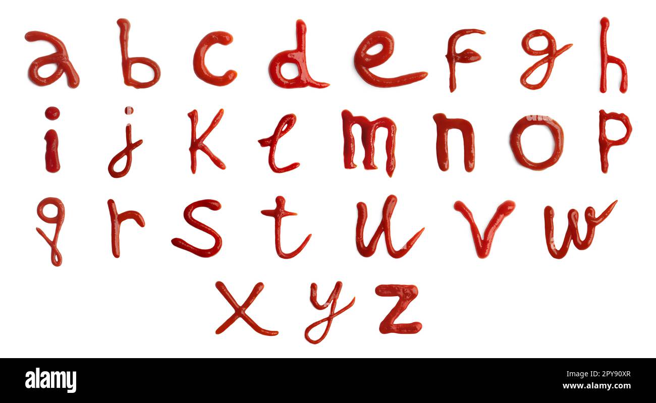Alphabet made of ketchup on white background Stock Photo - Alamy