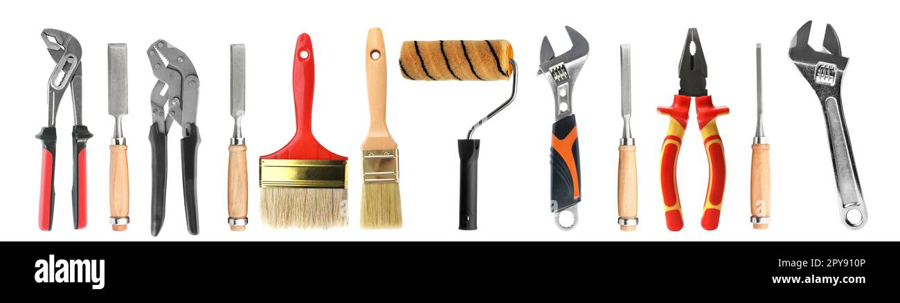 Set with different tools on white background. Banner design Stock Photo ...