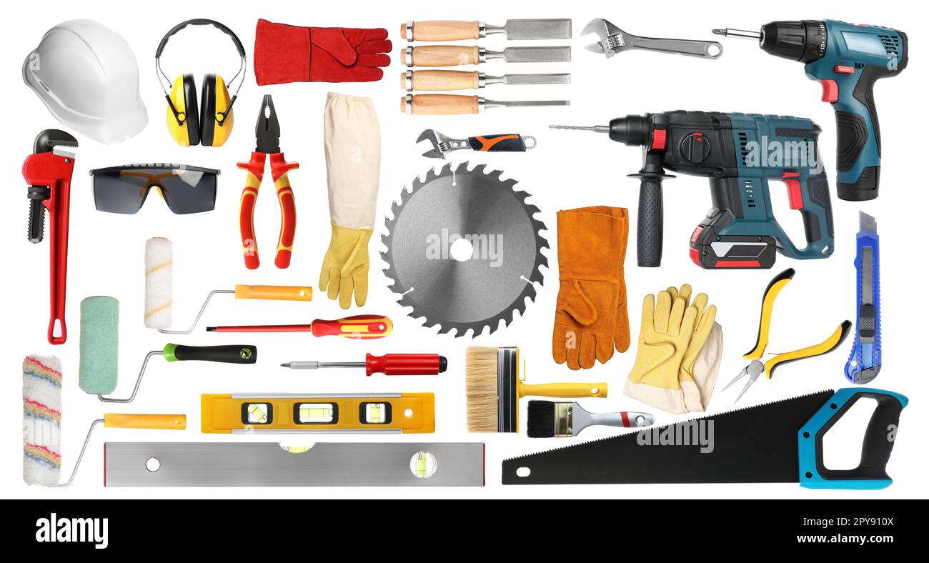 Set with different tools on white background Stock Photo - Alamy