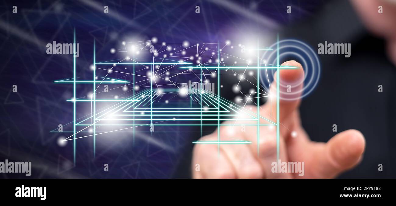 Man touching a virtual technology concept on a touch screen with his ...