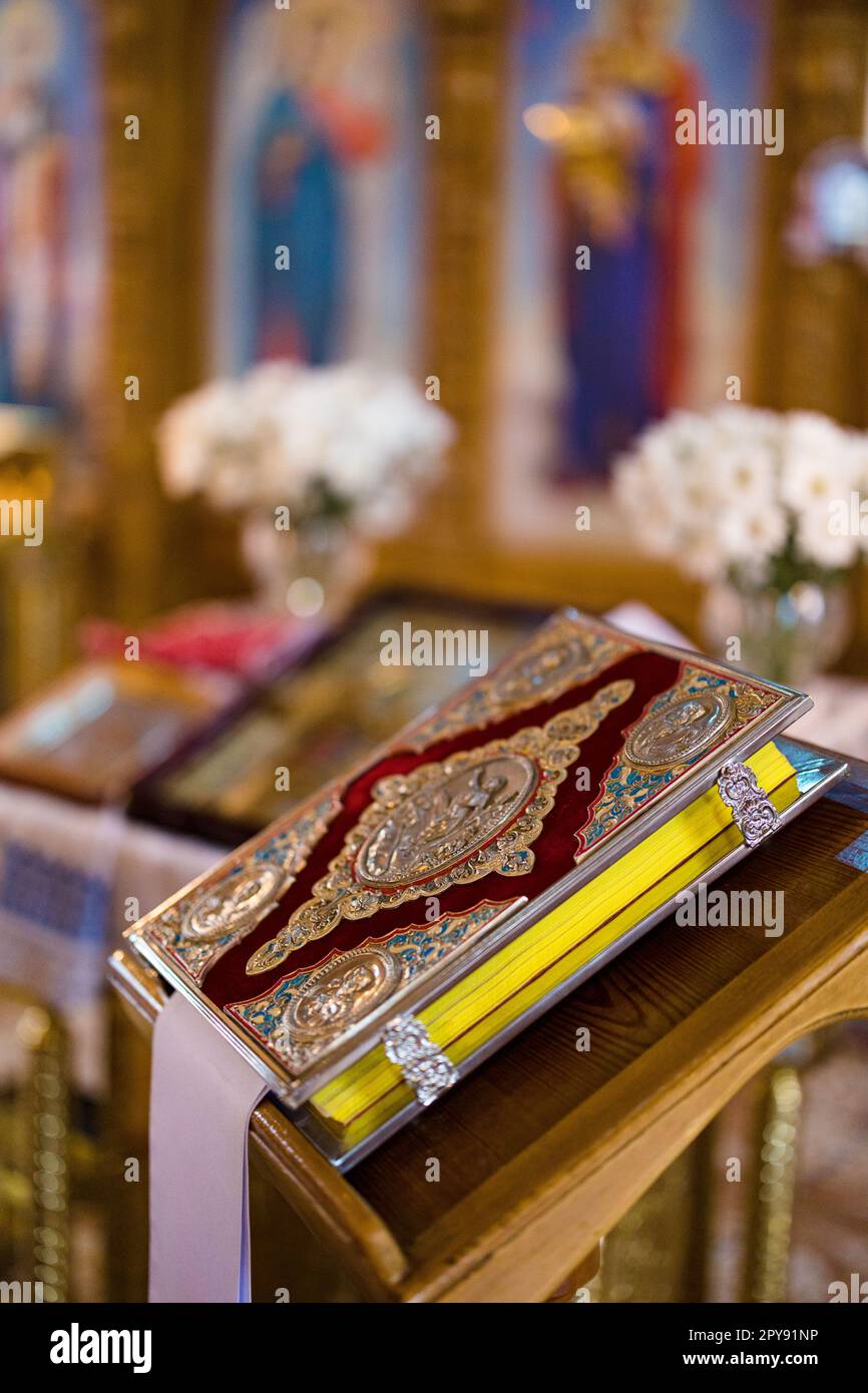 Closeup view to Holy bible on lectern during a wedding ceremony in an ...