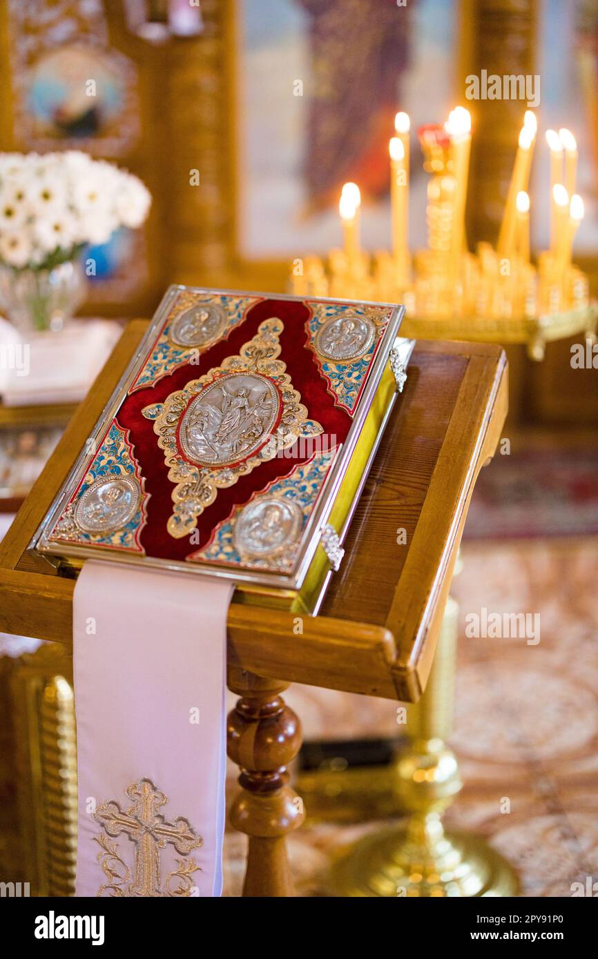 Closeup view to Holy bible on lectern during a wedding ceremony in an ...