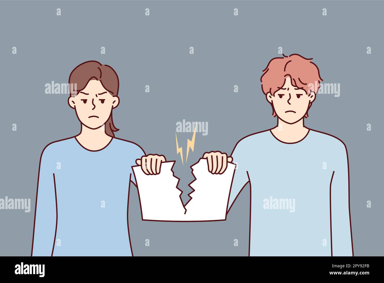 Angry man and woman holding sheet tearing joint paper after quarrel or ...