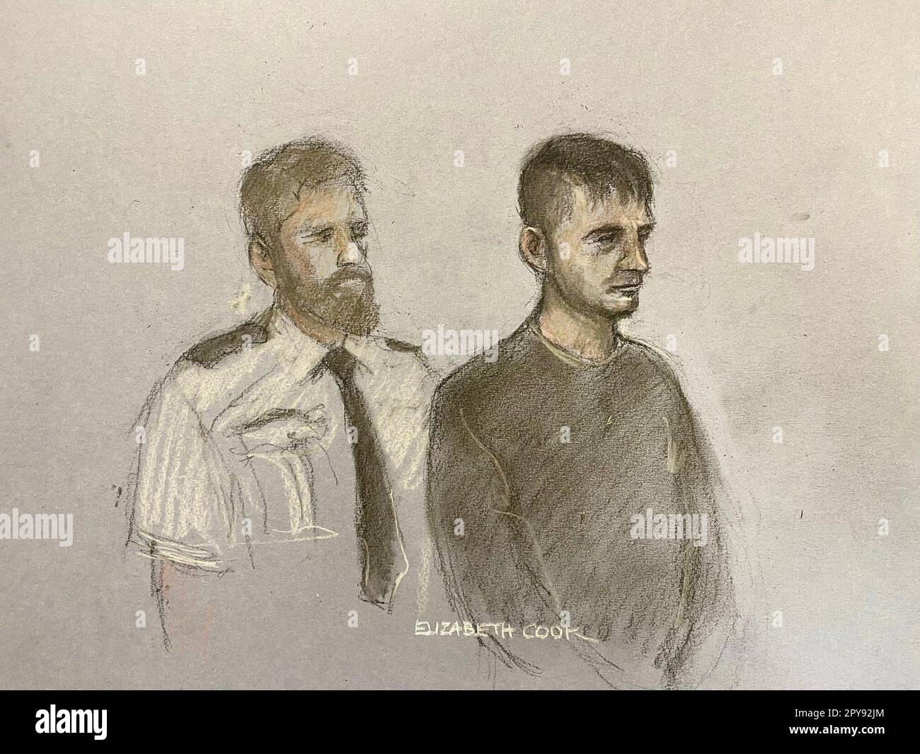 Court artist sketch by Elizabeth Cook of Jake Hill in the dock at Truro ...