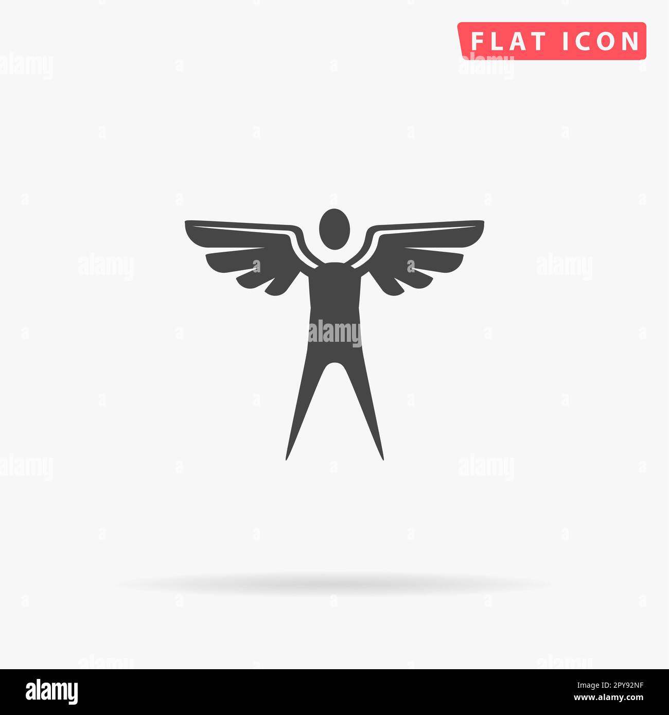 Winged man. Simple flat black symbol with shadow on white background ...