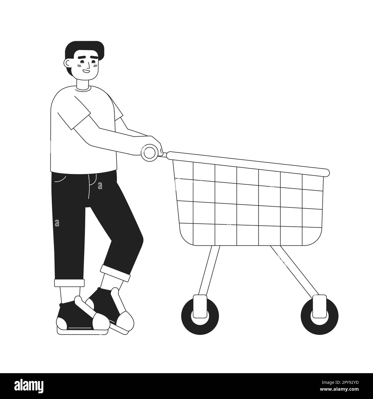 Happy male customer pushing shopping trolley monochromatic flat vector ...