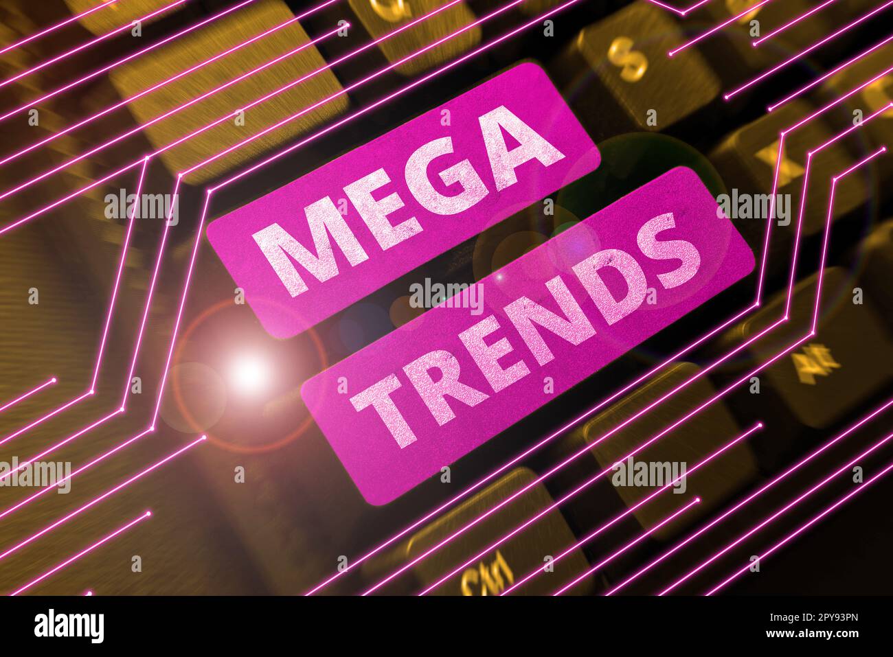 Hand writing sign Mega Trends. Business approach powerful phenomena impacting the foundations of ...