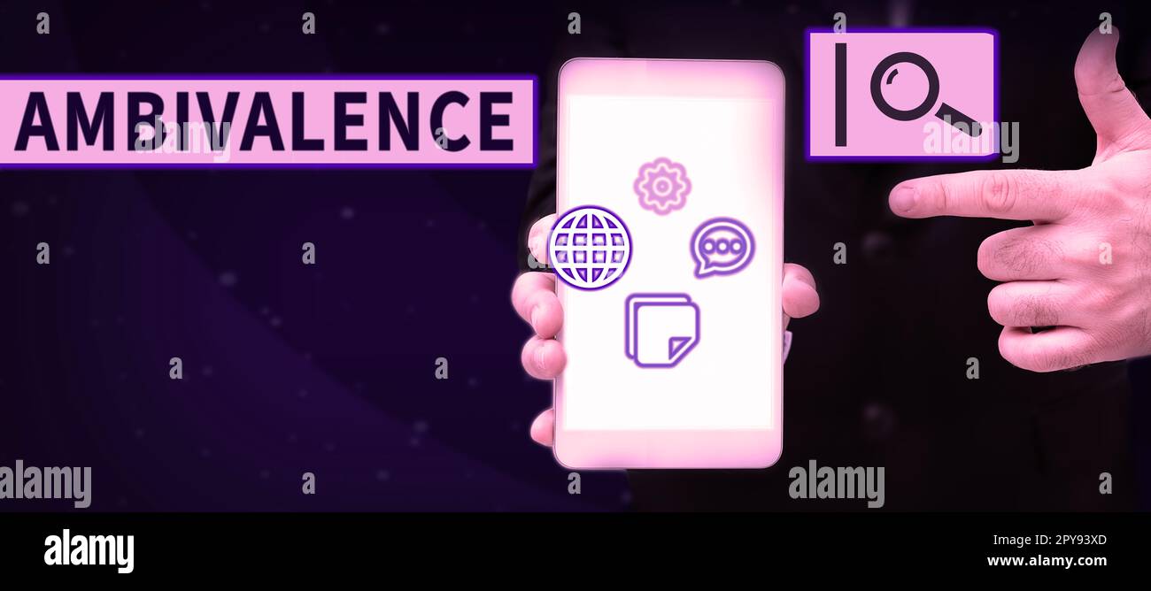 Hand writing sign Ambivalence. Word Written on attitudes or feelings ...