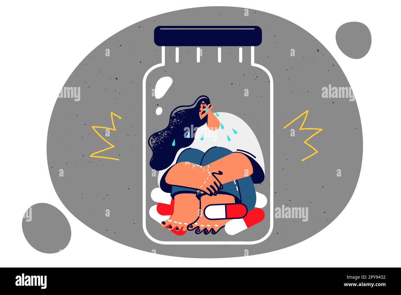 Tearful woman sits inside transparent antidepressant jar being held ...