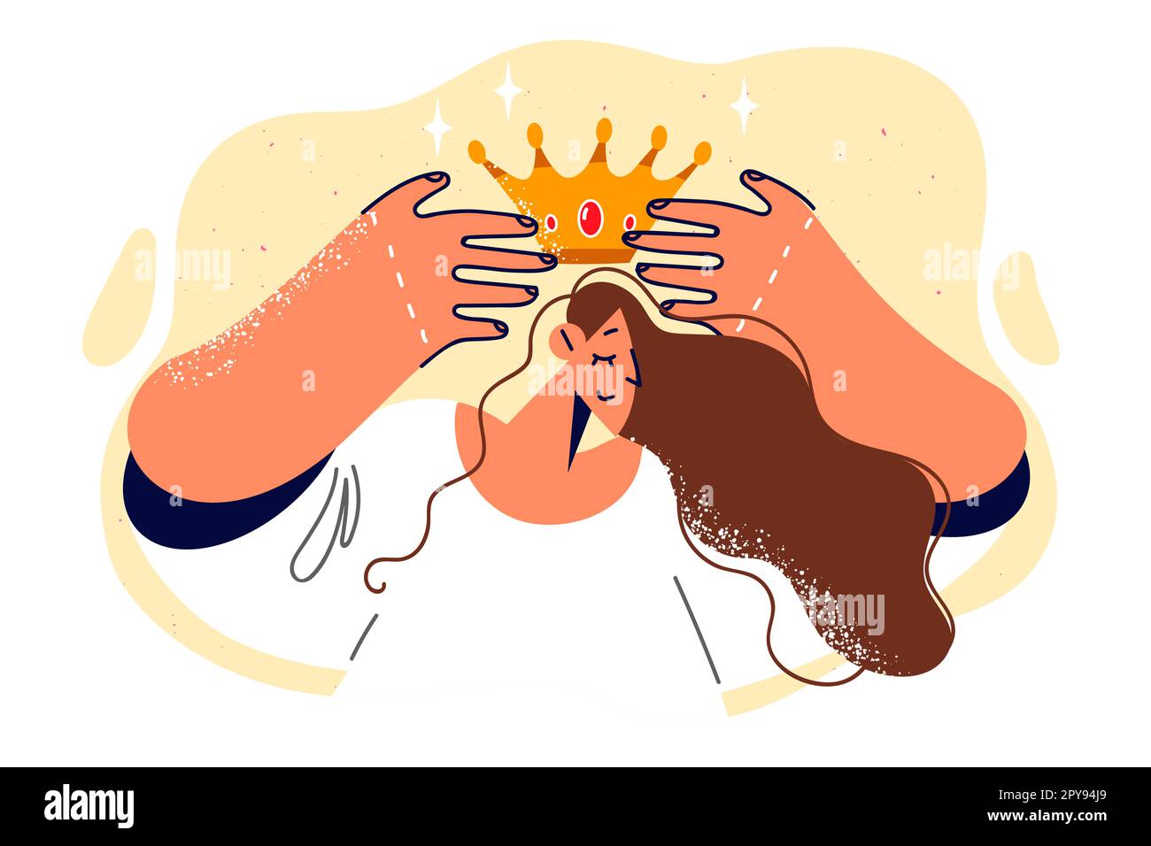 Woman closes eyes and puts golden crown on head to demonstrate status ...