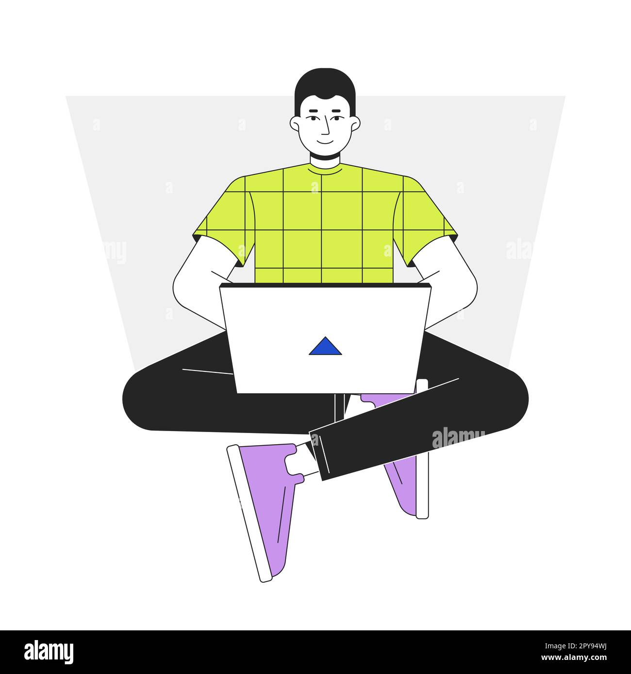 Computer specialist working on laptop flat line vector spot ...