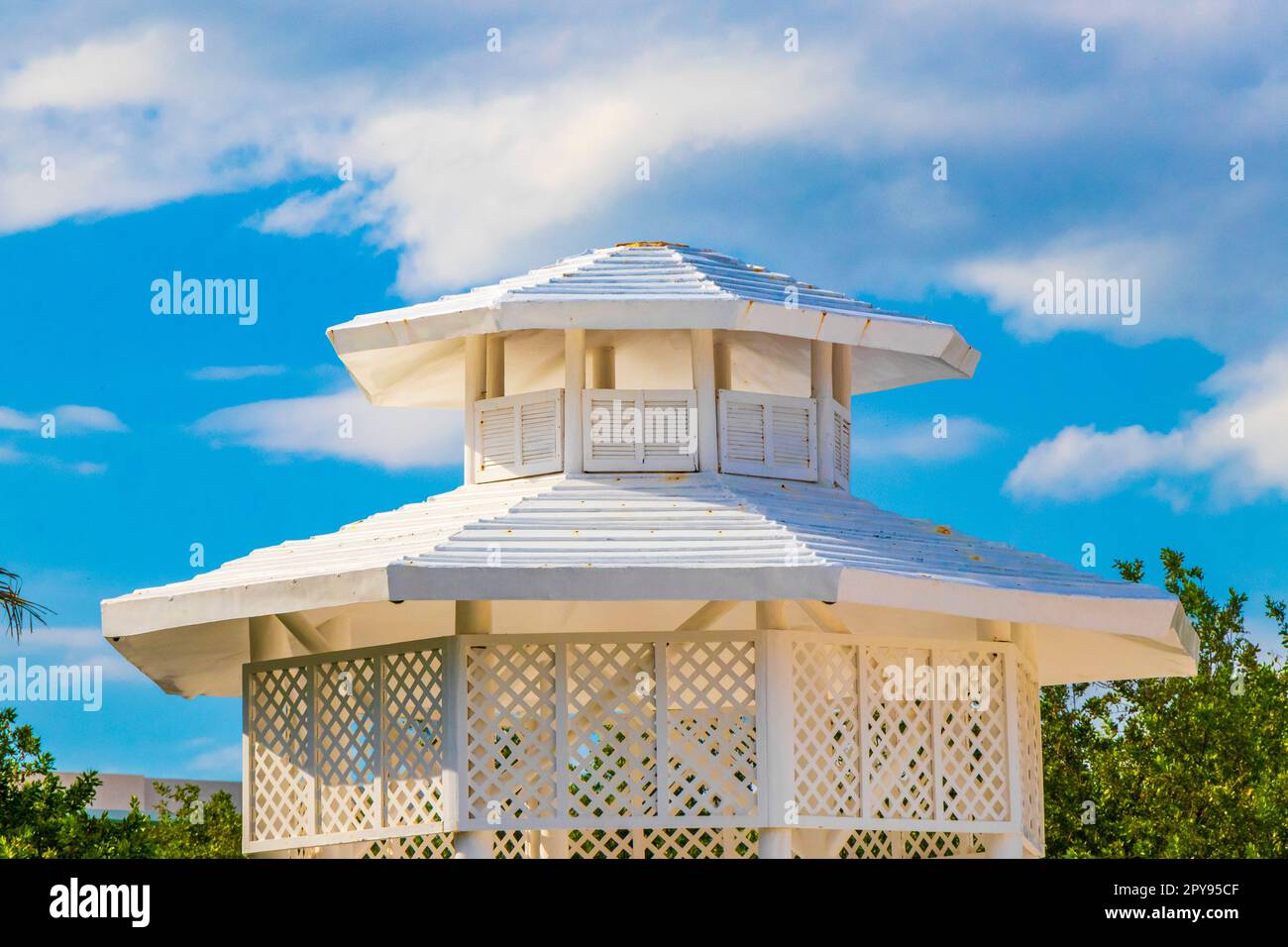 White noble pergula pavilion in paradise on beach palms Mexico Stock ...