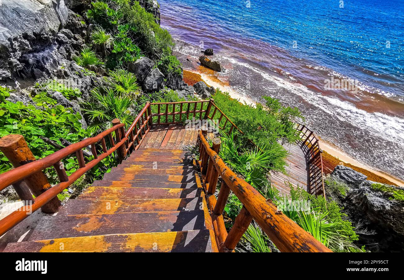 Natural seascape panorama view Tulum ruins Mayan site temple Mexico ...
