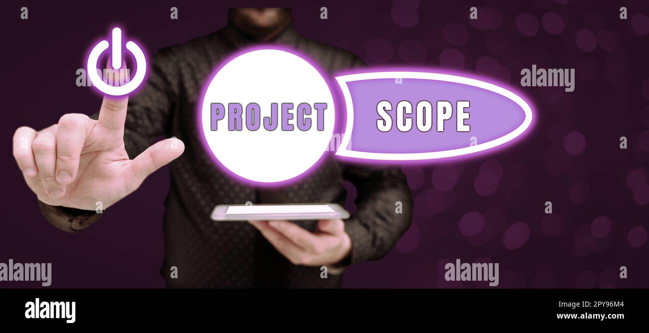 Text caption presenting Project Scope. Business concept evaluation of work efforts a product ...