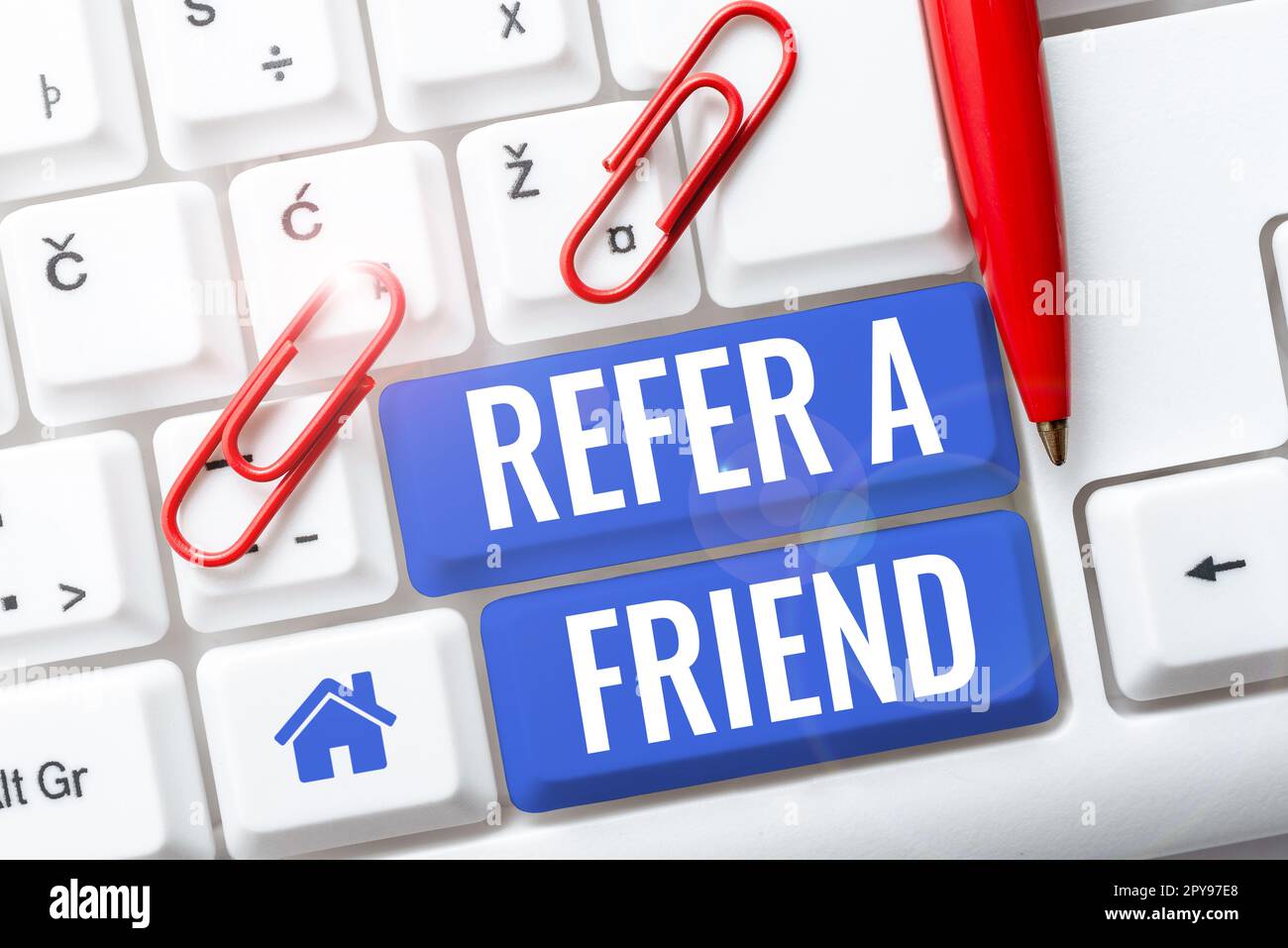 Hand writing sign Refer A Friend. Word for Recommendation Appoint ...