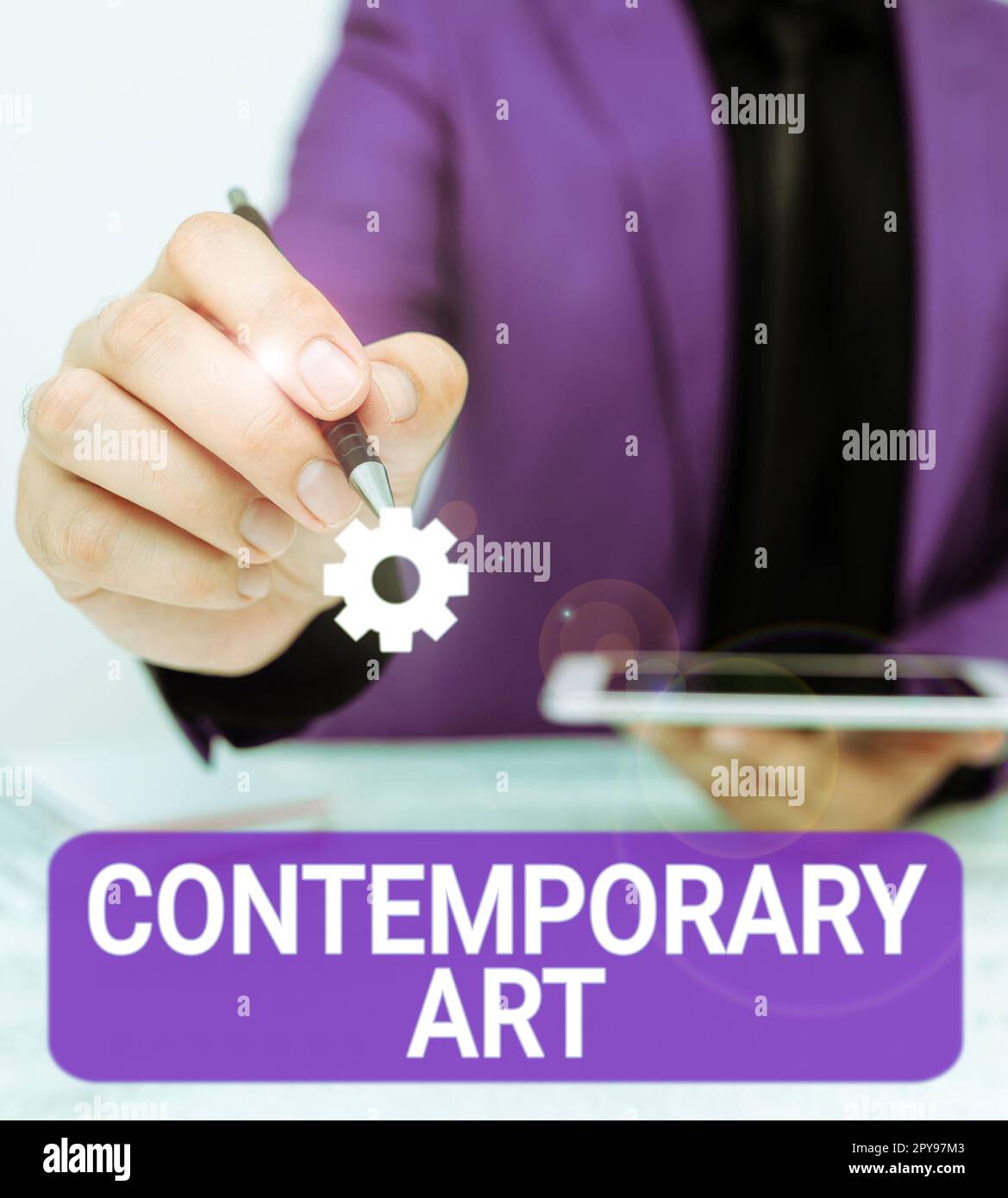 Sign displaying Contemporary Art. Word for made today by living artists ...