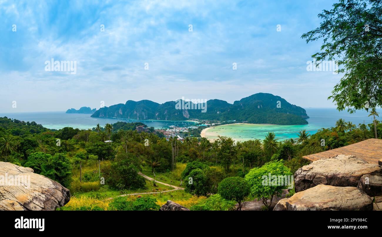 Aerial view of Ko Phi Phi islands, Thailand. Lookout from the viewpoint ...