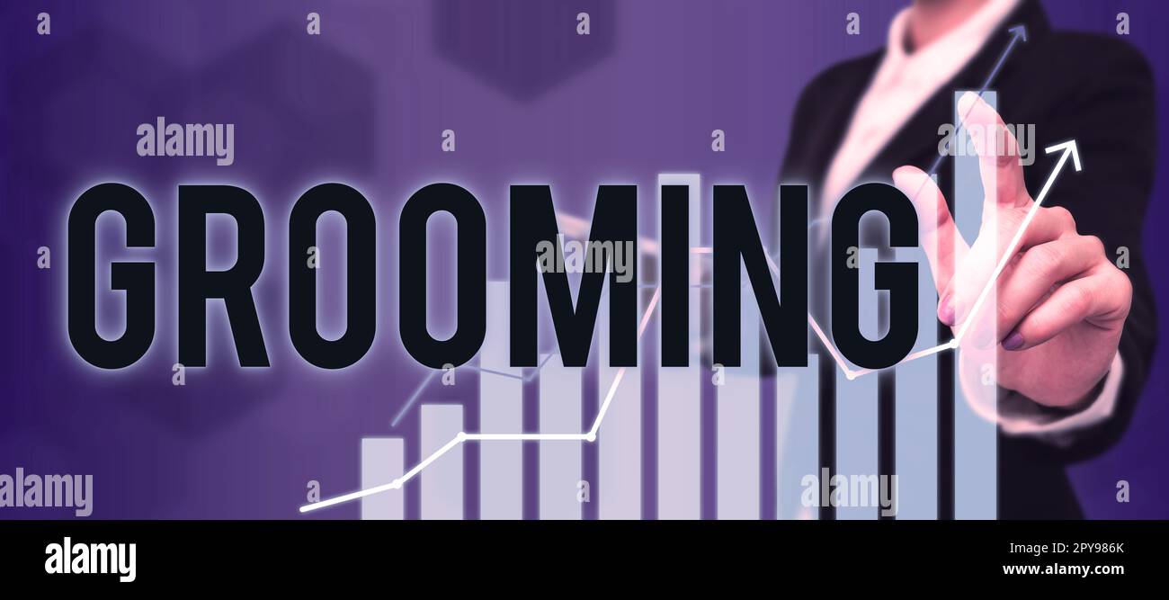 Hand writing sign Grooming. Concept meaning hygienic care and enhancing ...