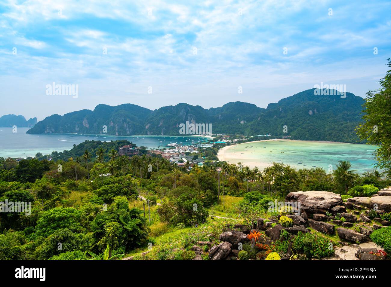 Aerial view of Ko Phi Phi islands, Thailand. Lookout from the viewpoint ...