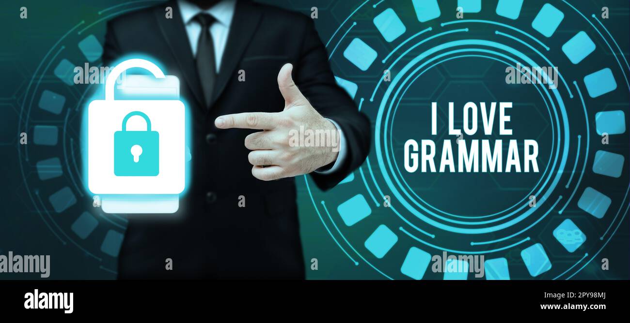 Hand writing sign I Love Grammar. Word Written on act of admiring ...