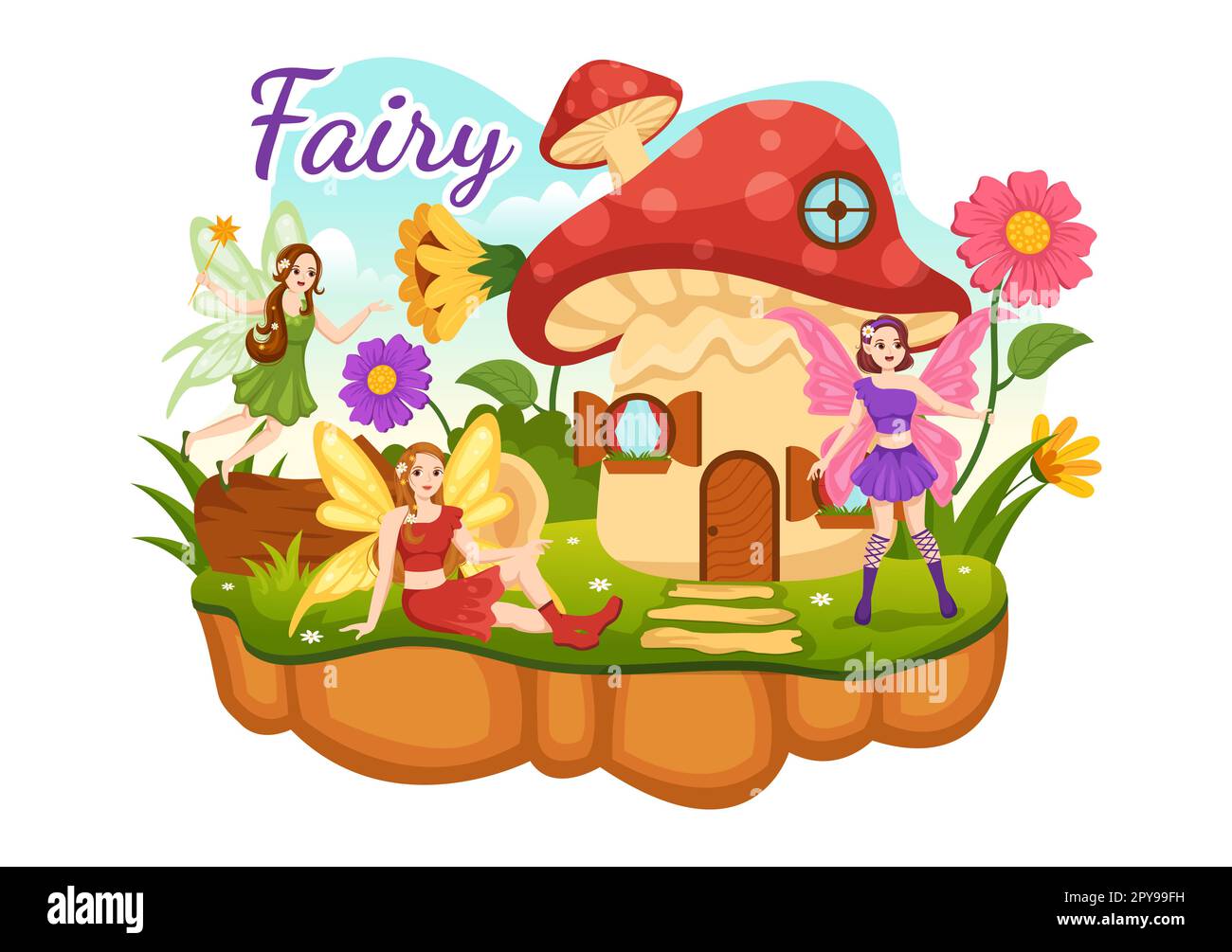Beautiful Flying Fairy Illustration with Elf, Landscape Tree and Green ...