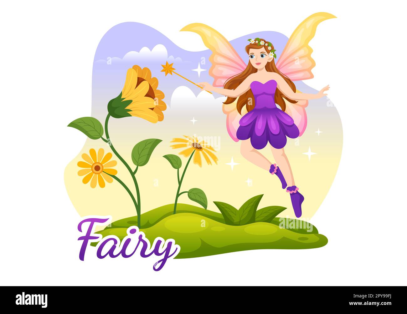 Beautiful Flying Fairy Illustration with Elf, Landscape Tree and Green ...