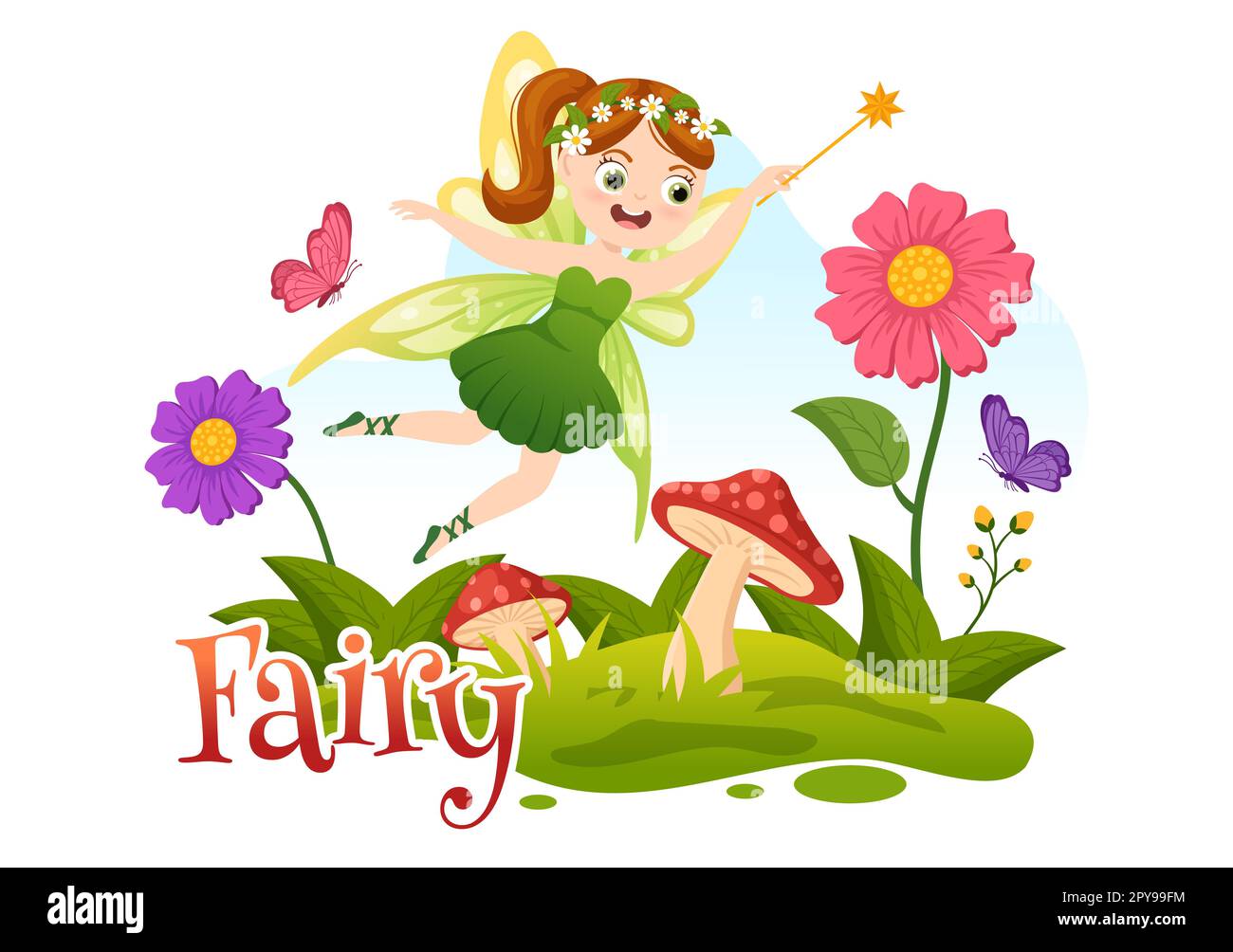 Beautiful Flying Fairy Illustration with Elf, Landscape Tree and Green ...