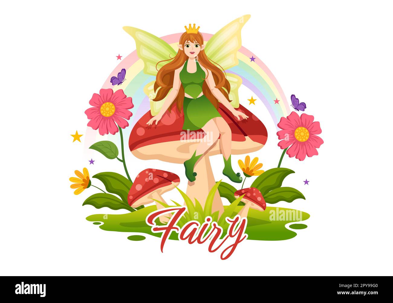 Beautiful Flying Fairy Illustration with Elf, Landscape Tree and Green ...