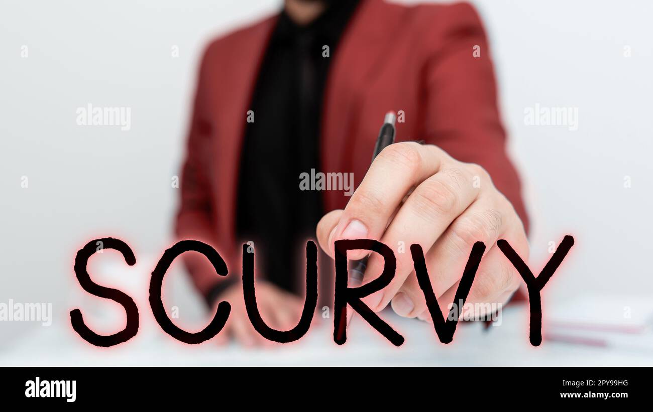 Hand writing sign Scurvy. Business overview disease caused by a lack of ...