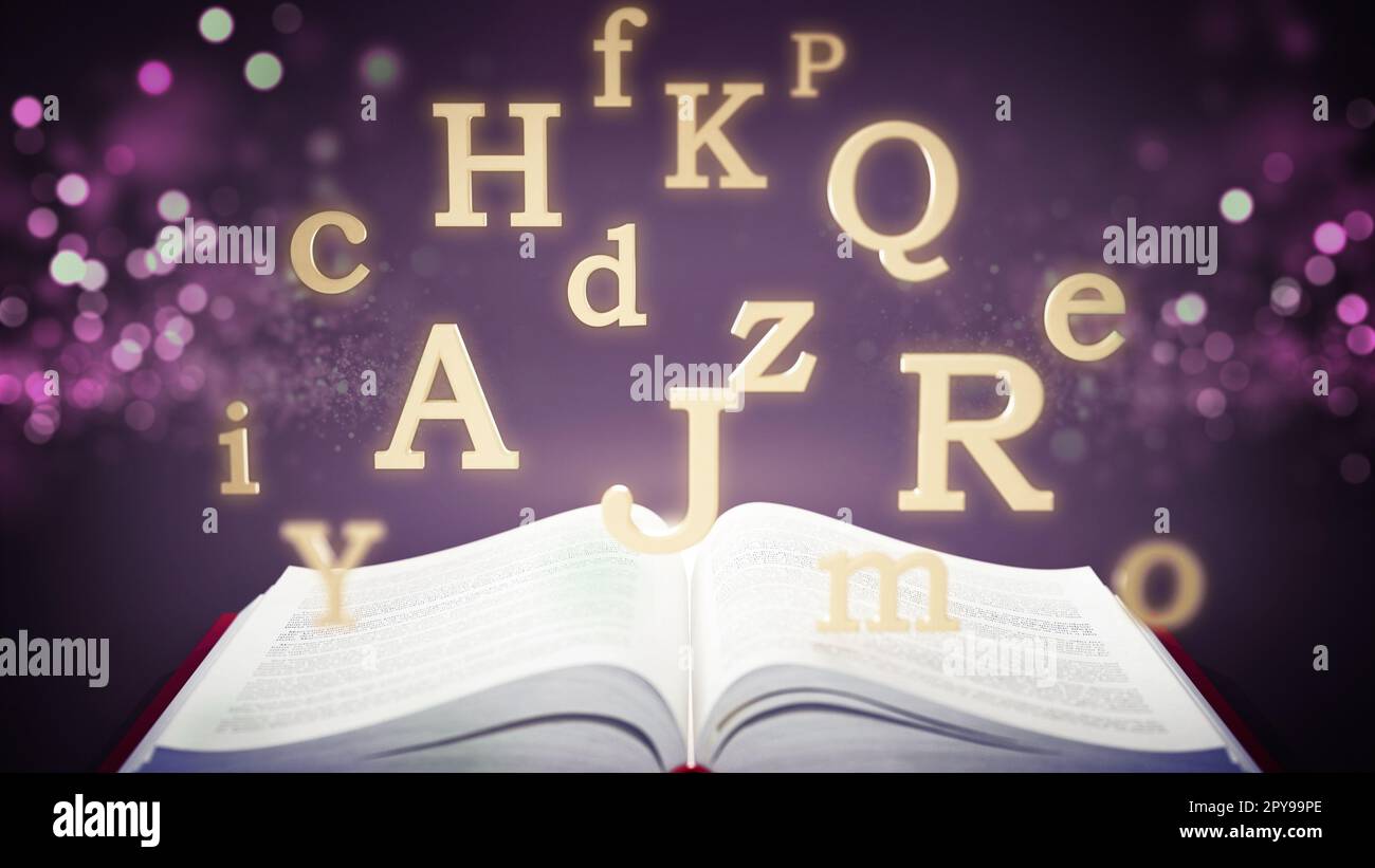 Open book with floating letters. 3D illustration Stock Photo - Alamy